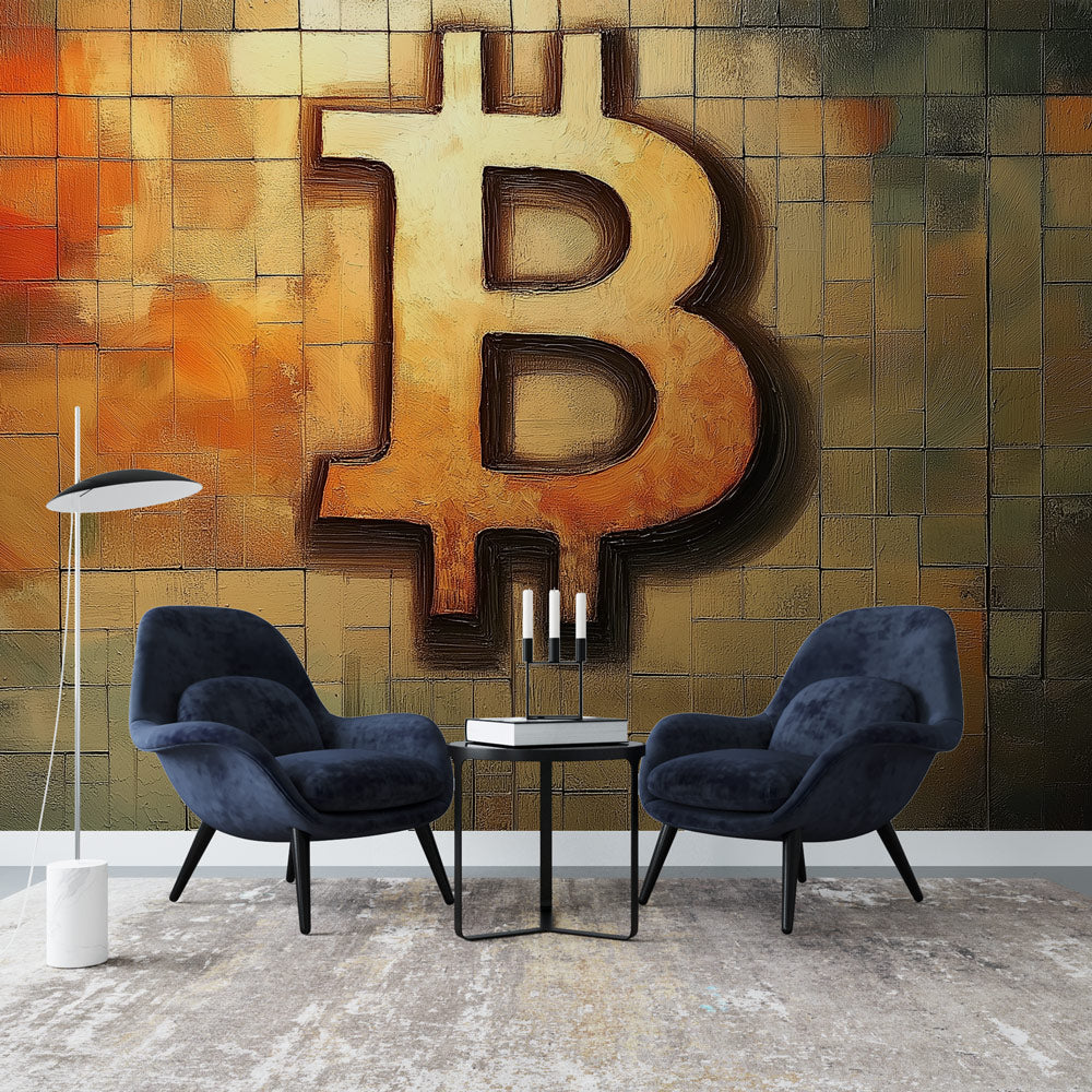 Mural Wallpaper Bitcoin | Stylized Bitcoin logo on a textured golden b ...