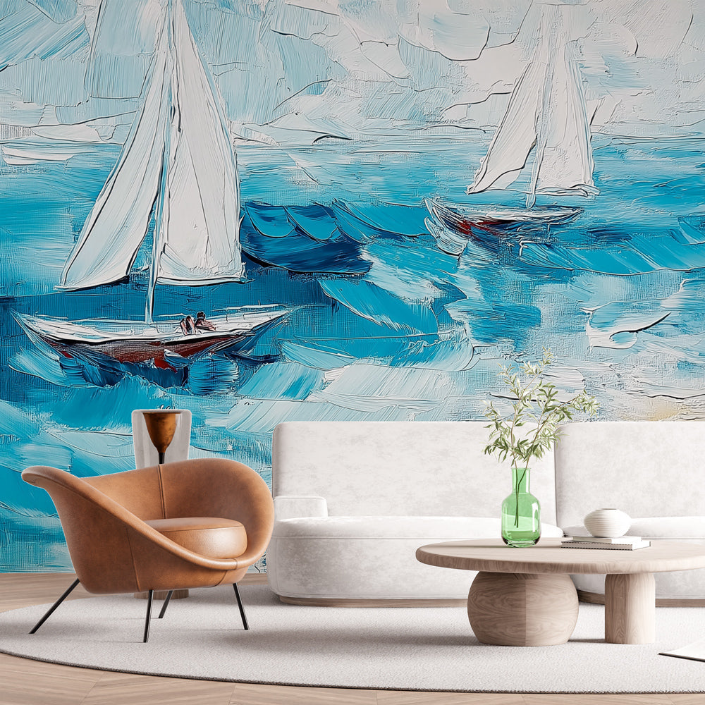 Mural Wallpaper seaside | Marine landscape with sailboats and walkers ...