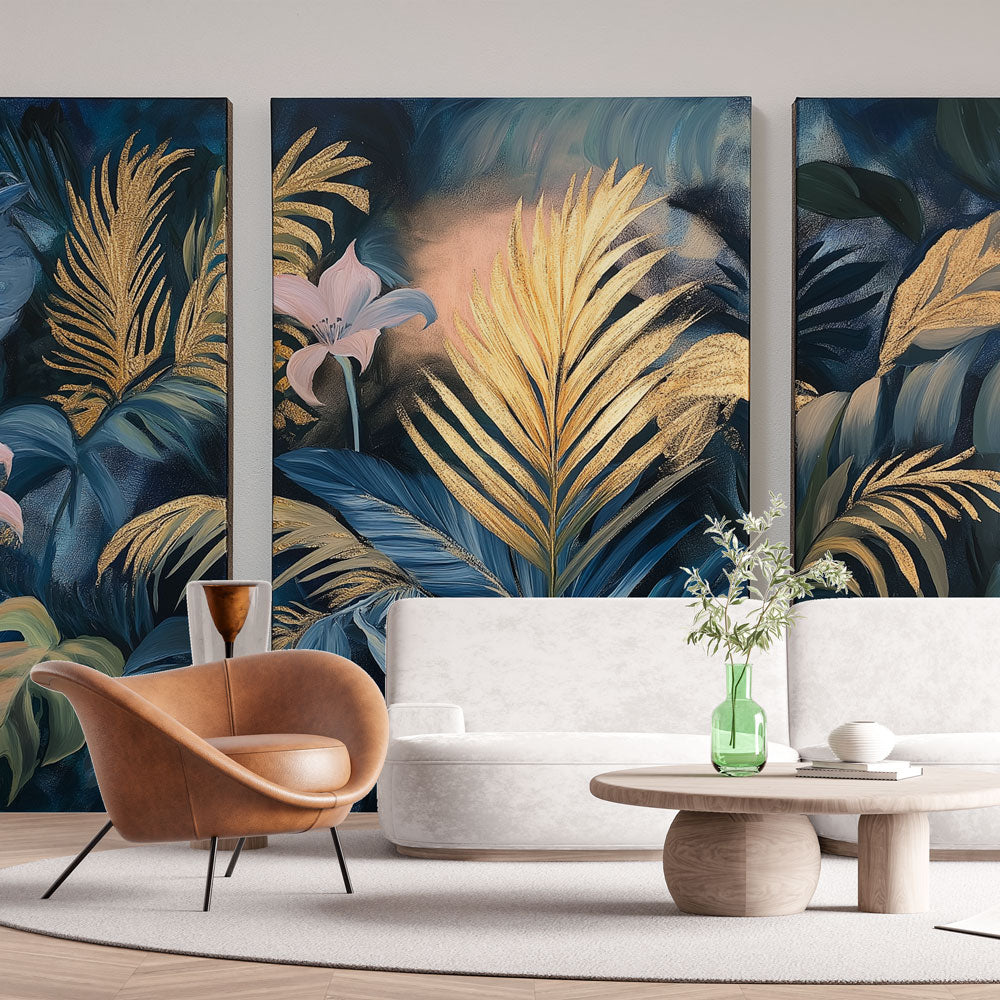 Botanical mural wallpaper imitation painting | Golden leaves and delic ...