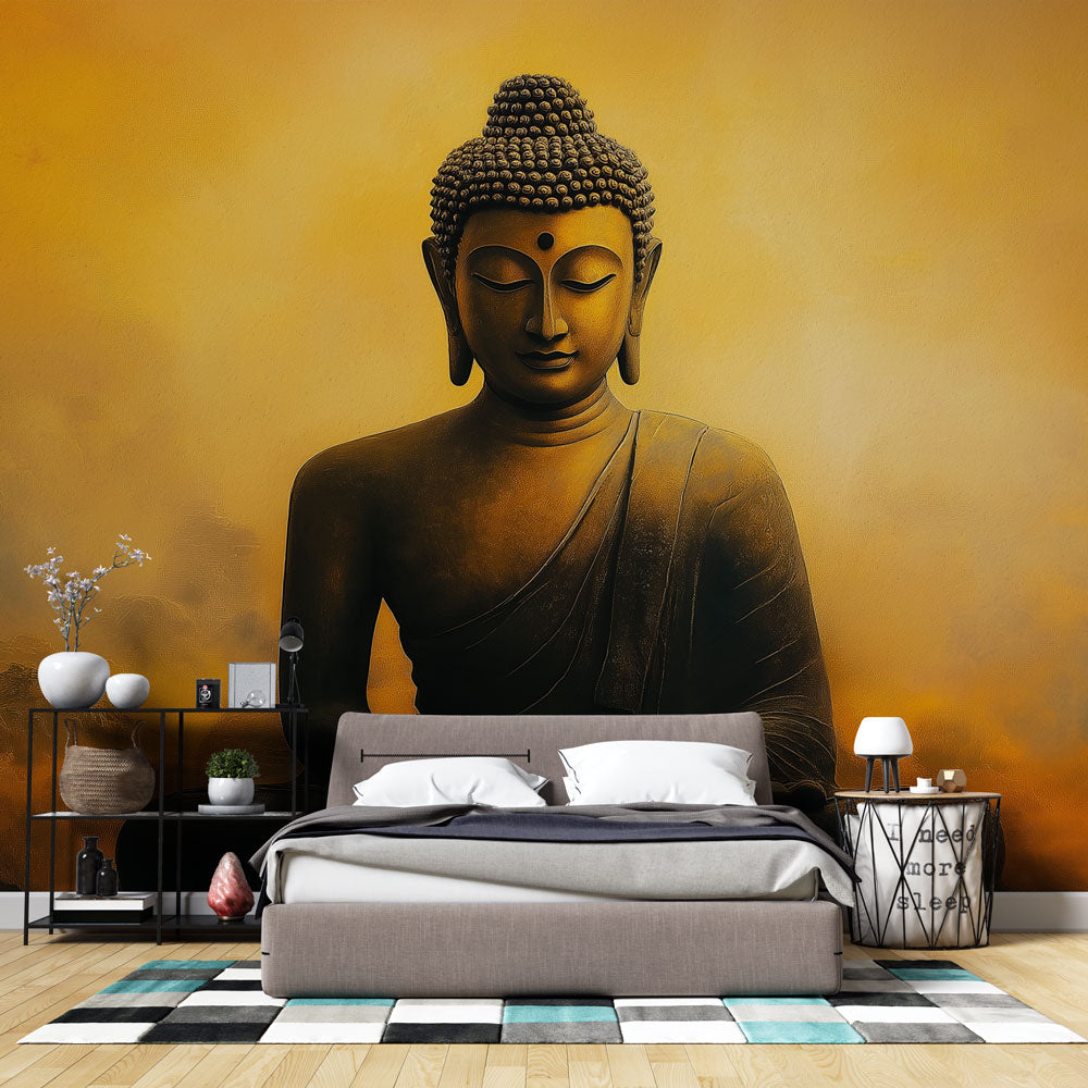 Mural Wallpaper Buddha | Serene Buddha on a golden and mountainous bac ...