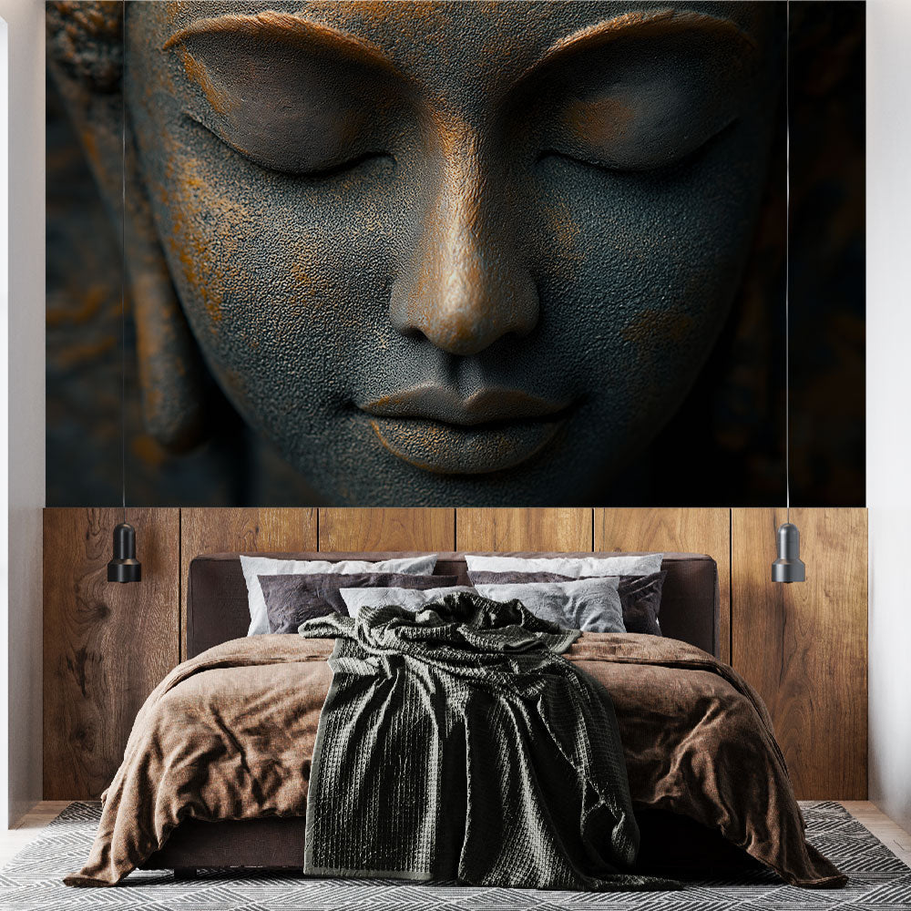 Mural Wallpaper Buddha | Textured bronze details with a soothing expre ...