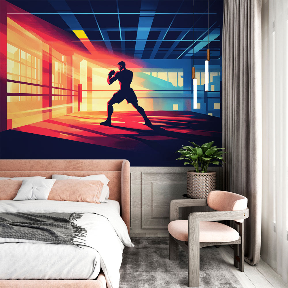 Mural Wallpaper boxing | Dynamic silhouette of a boxer in a modern roo ...