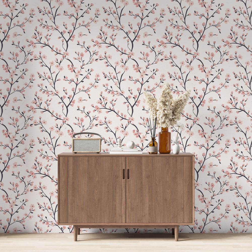 Mural Wallpaper floral branches | Elegant patterns of pink flowers on ...