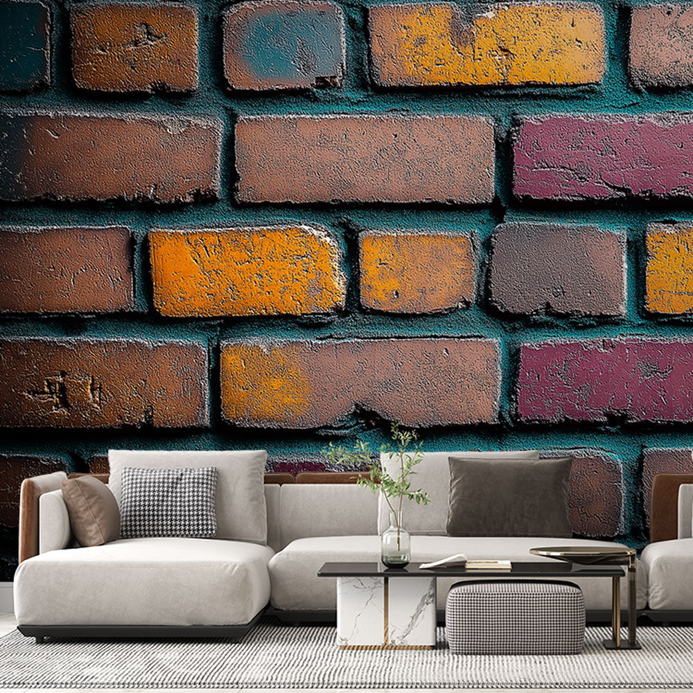 Mural Wallpaper colored brick | Brick wall with touches of bright colo ...