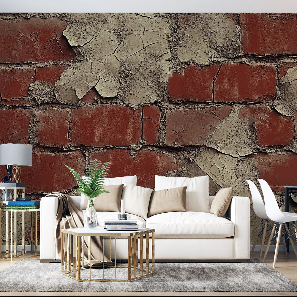 Mural Wallpaper aged brick | Red brick wall with chipped plaster ...