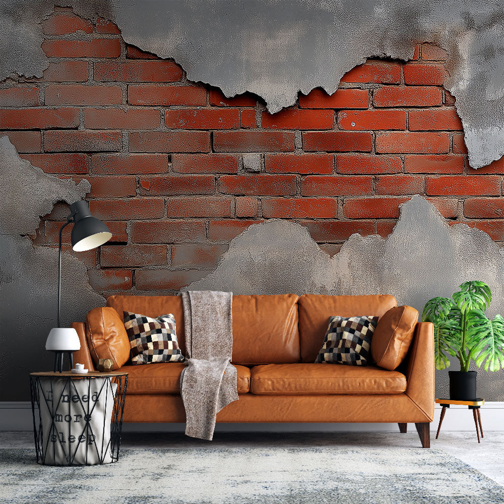 Mural Wallpaper bricks | Wall with exposed red bricks under worn plast ...
