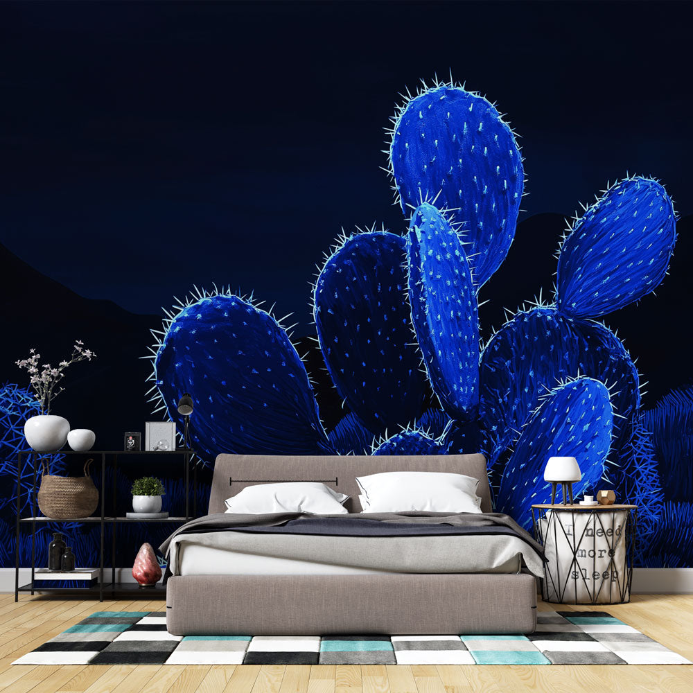 Papel de parede blue cactus | Cactos estilizados iluminados com um azu ...