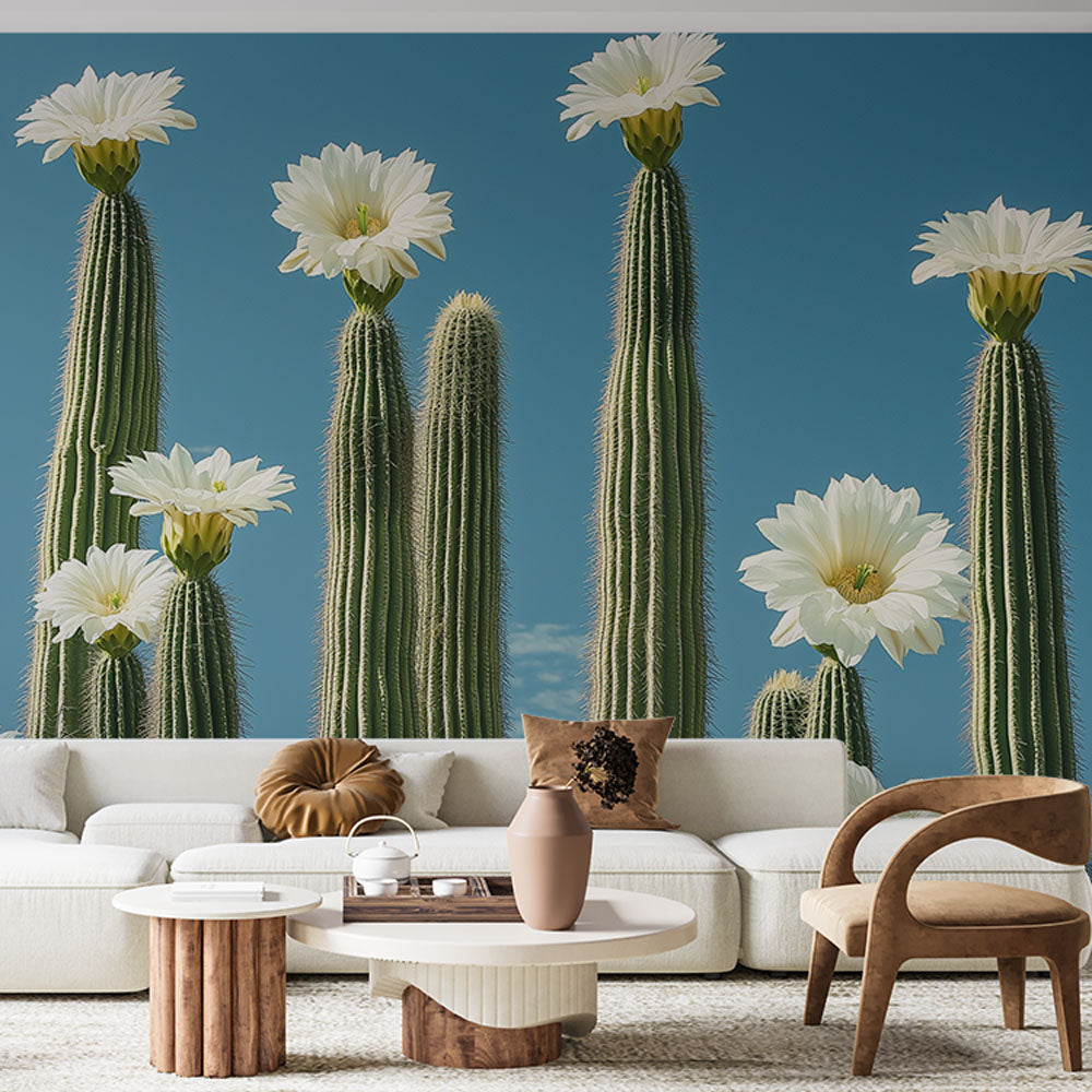 Mural Wallpaper cactus in bloom | Majestic cacti with bright white flo ...