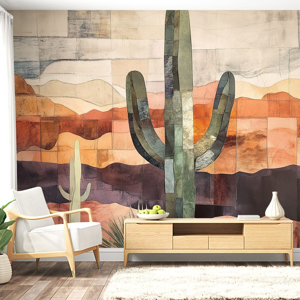 Mural Wallpaper cactus | Artistic cactus pattern in a colorful desert ...