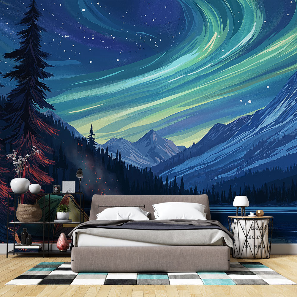 Mural Wallpaper camping | Tent by a lake under the northern lights ...