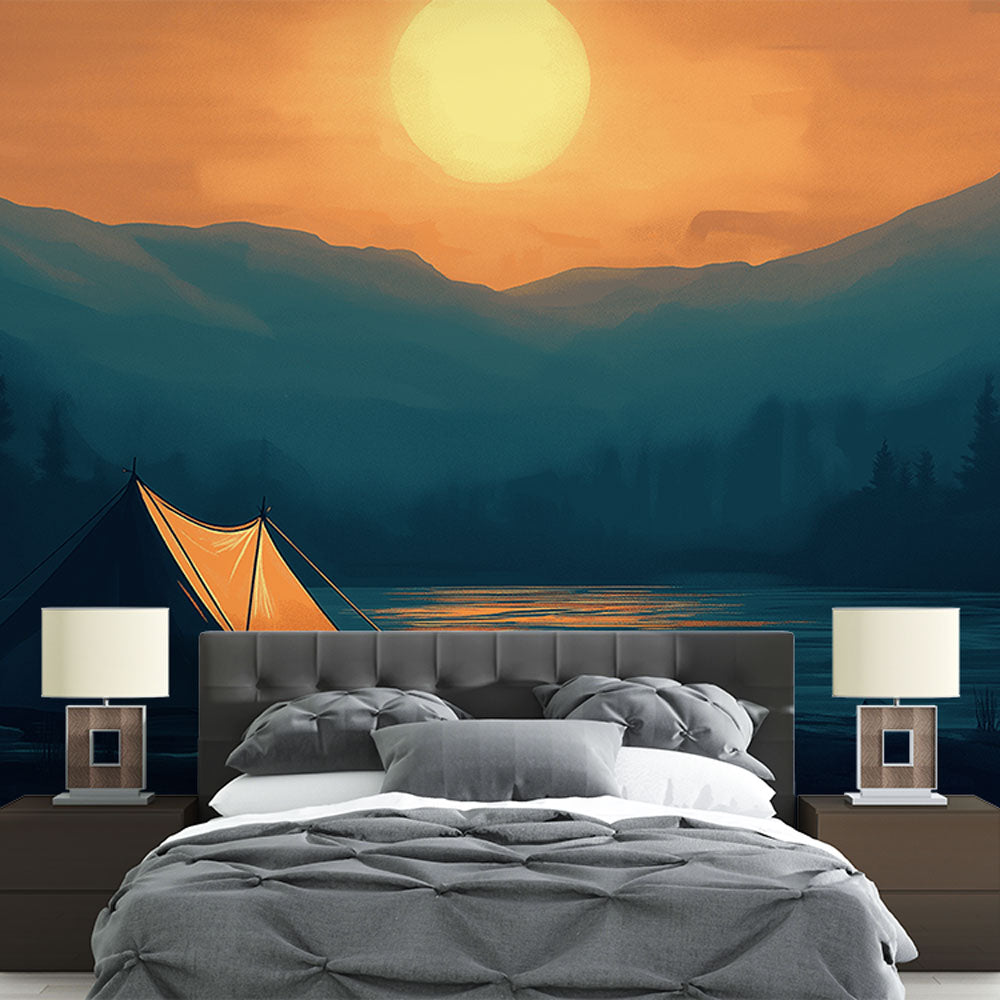 Mural Wallpaper camping | Illuminated tent by a lake at sunset ...