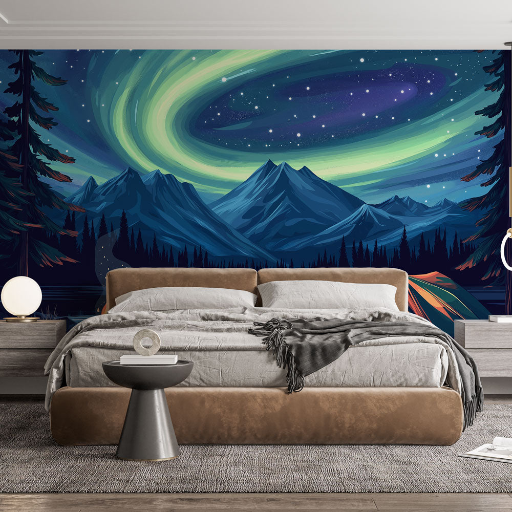 Mural Wallpaper camping | Illuminated tent under the northern lights ...