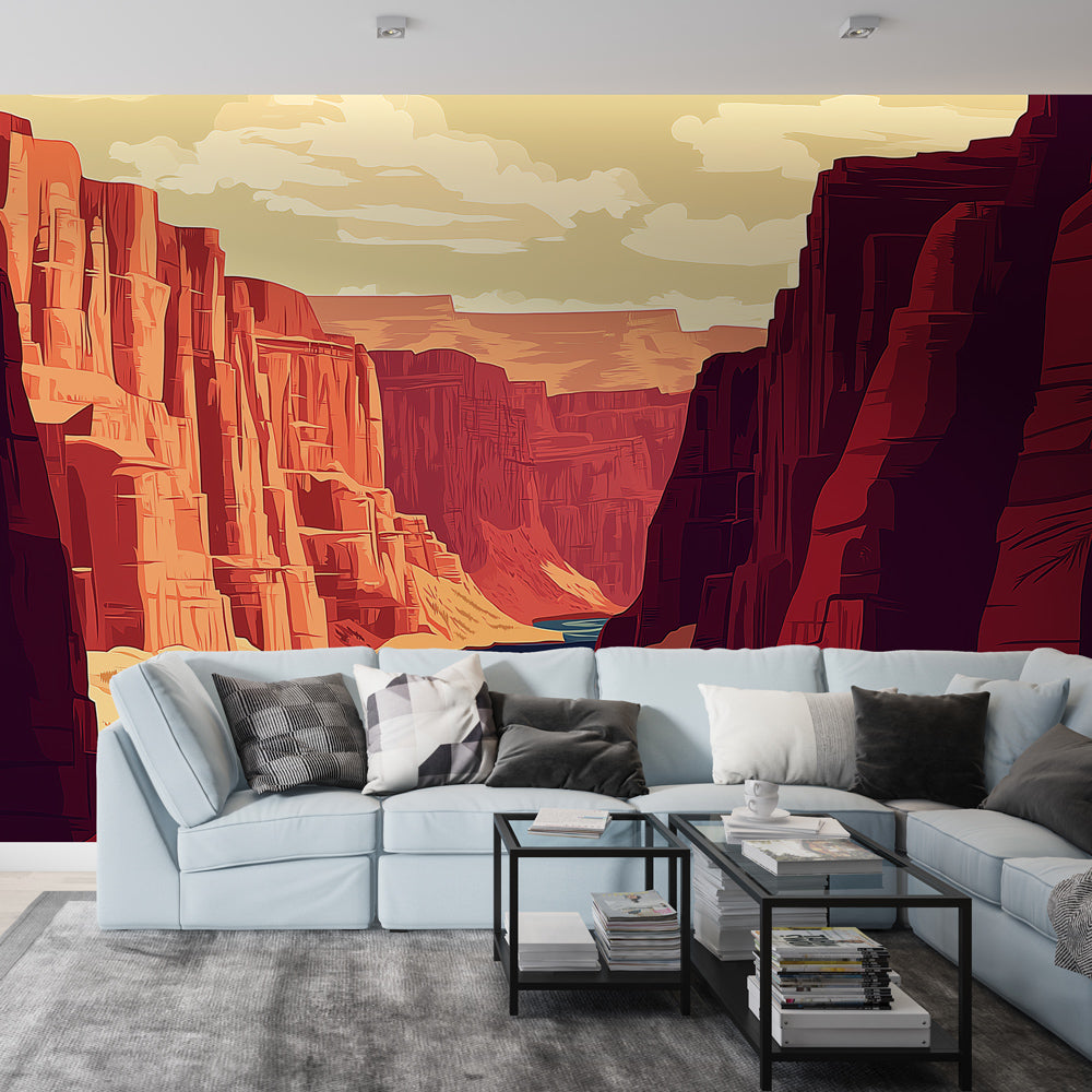 Mural Wallpaper canyon | Stylized landscape of a canyon with a peacefu ...