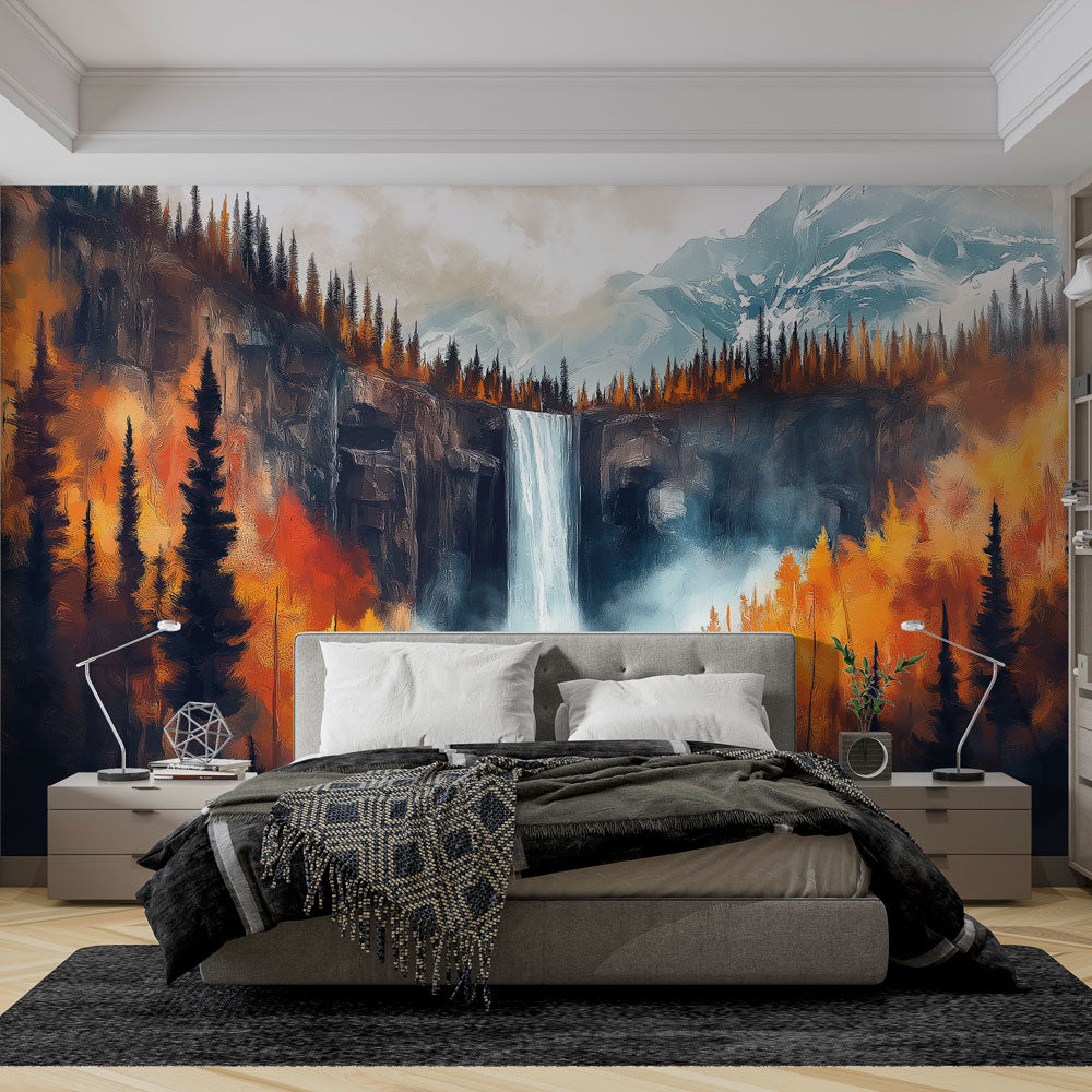 Mural Wallpaper cascade | Autumn with waterfall — WonderMural