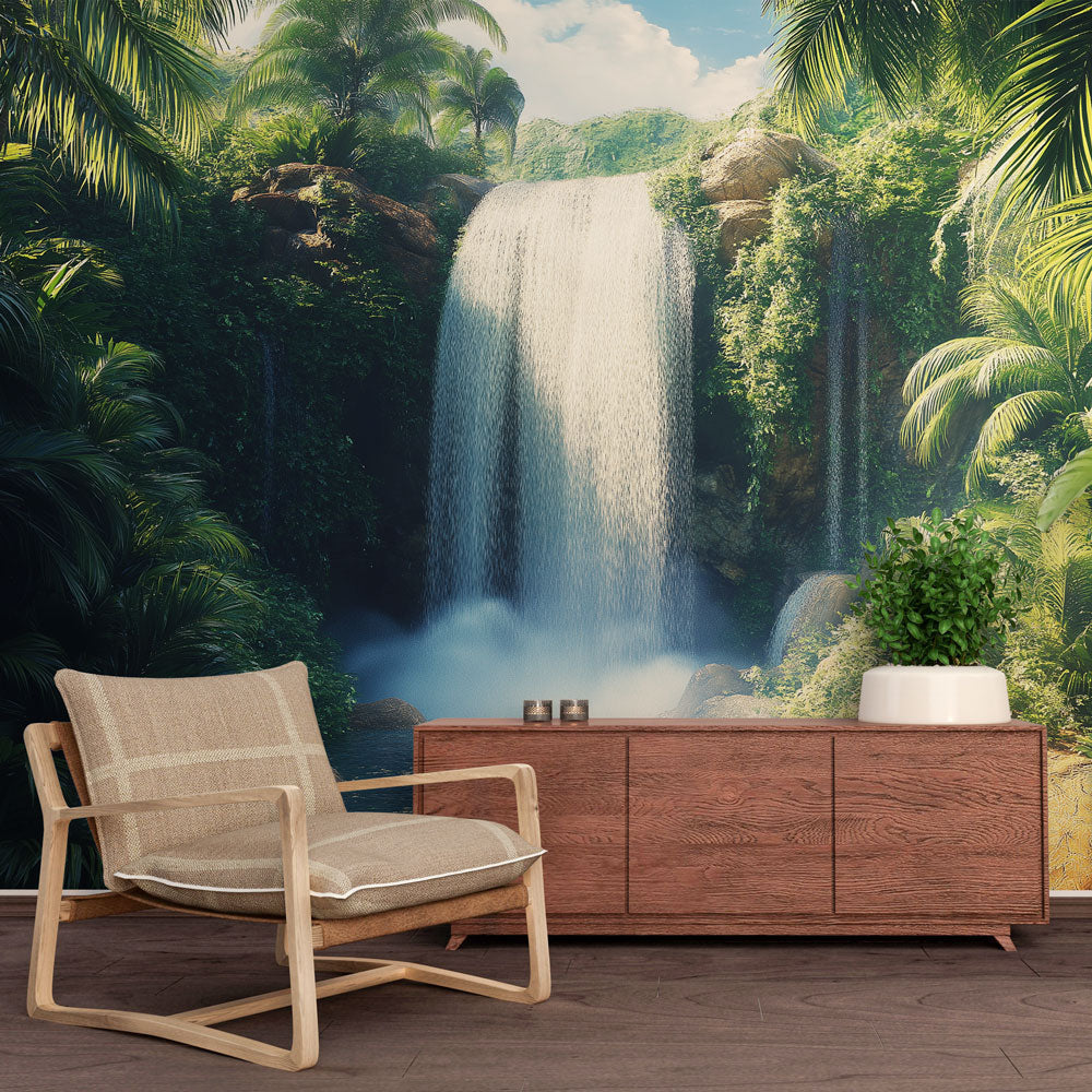 Mural Wallpaper cascade | Majestic waterfalls and lush vegetation ...