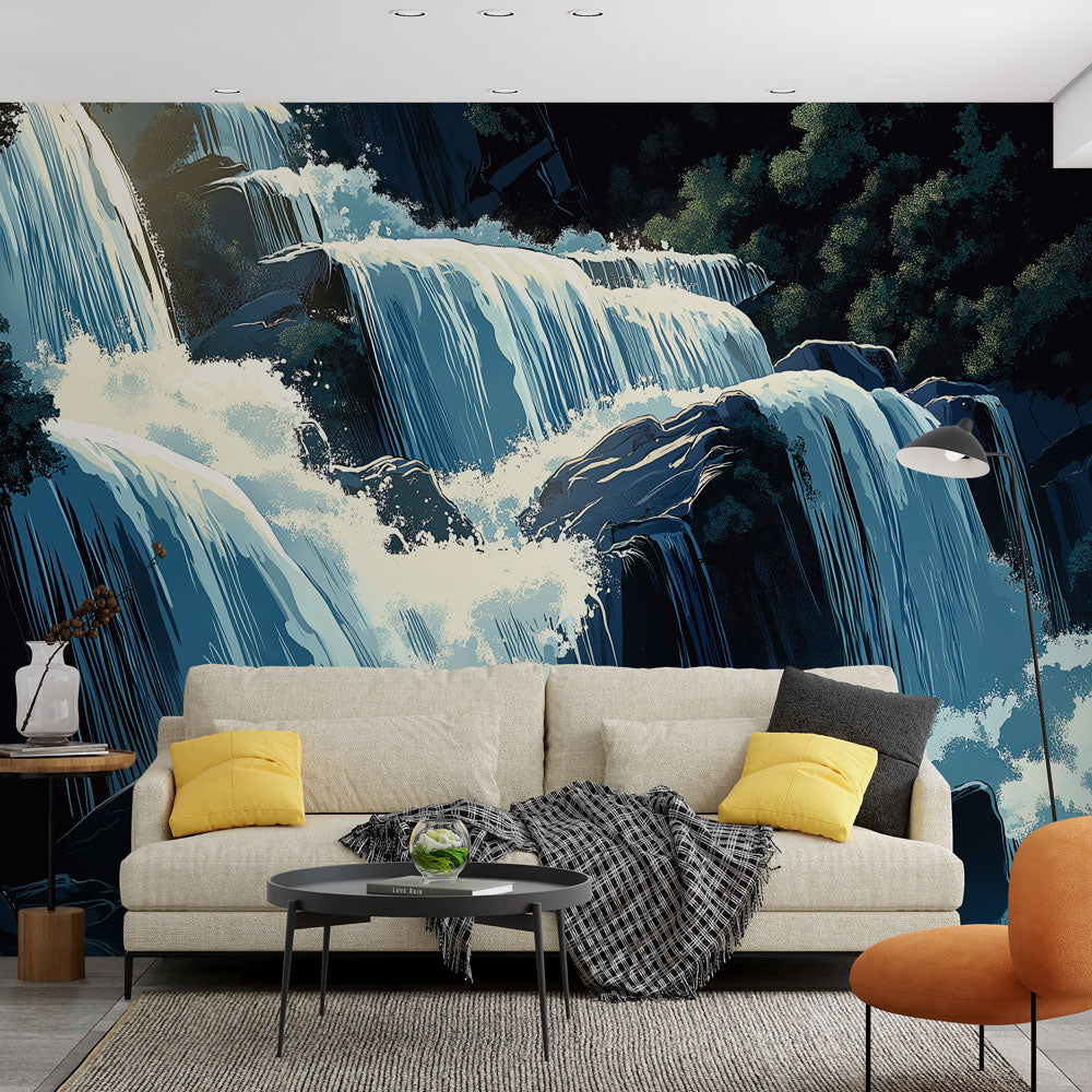 Mural Wallpaper cascade | Shimmering cascades on dark rocks — WonderMural