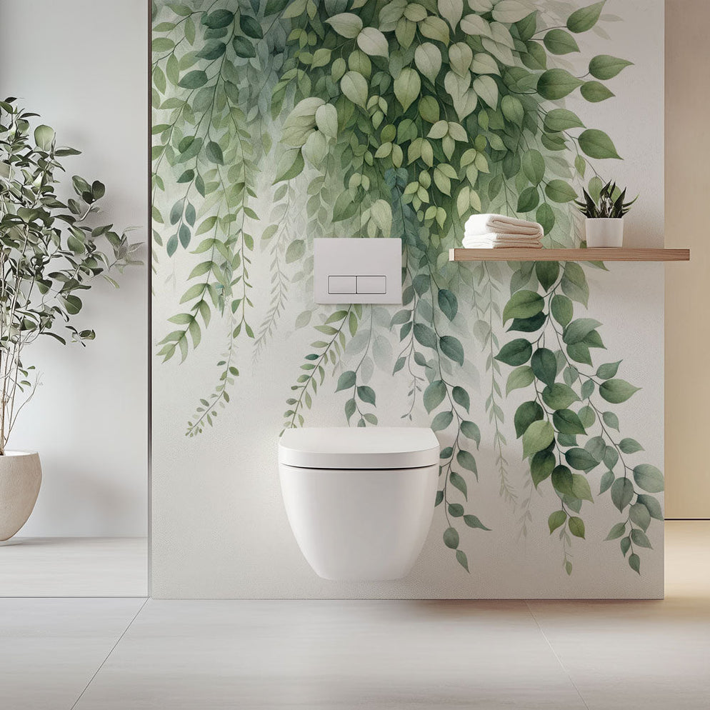 Mural Wallpaper toilet | Hanging foliage in gradient of soft greens ...