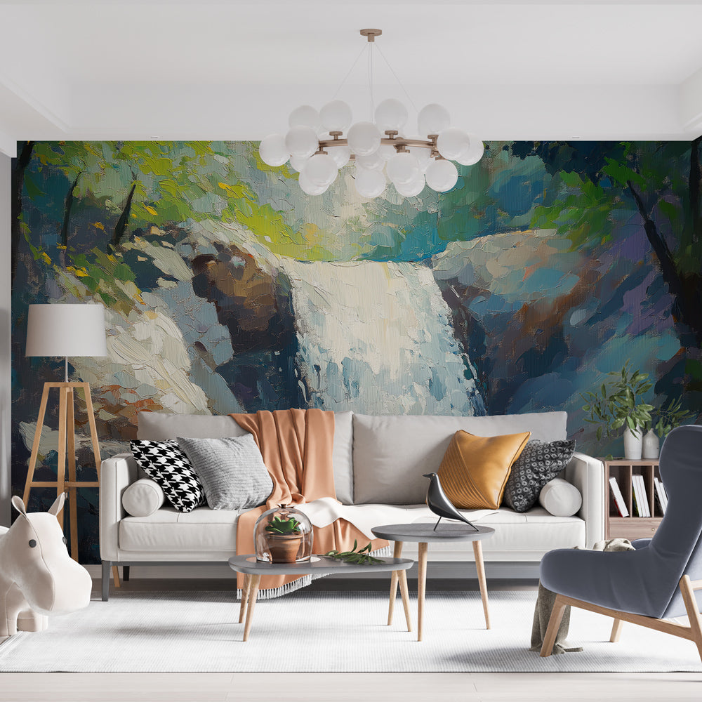 Mural Wallpaper cascade | A soothing waterfall scene in natural tones ...