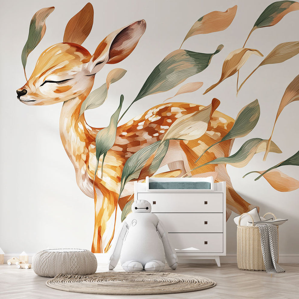 Foto Behang hert en bladeren | Delicate hert omringd door kleurrijke b ...