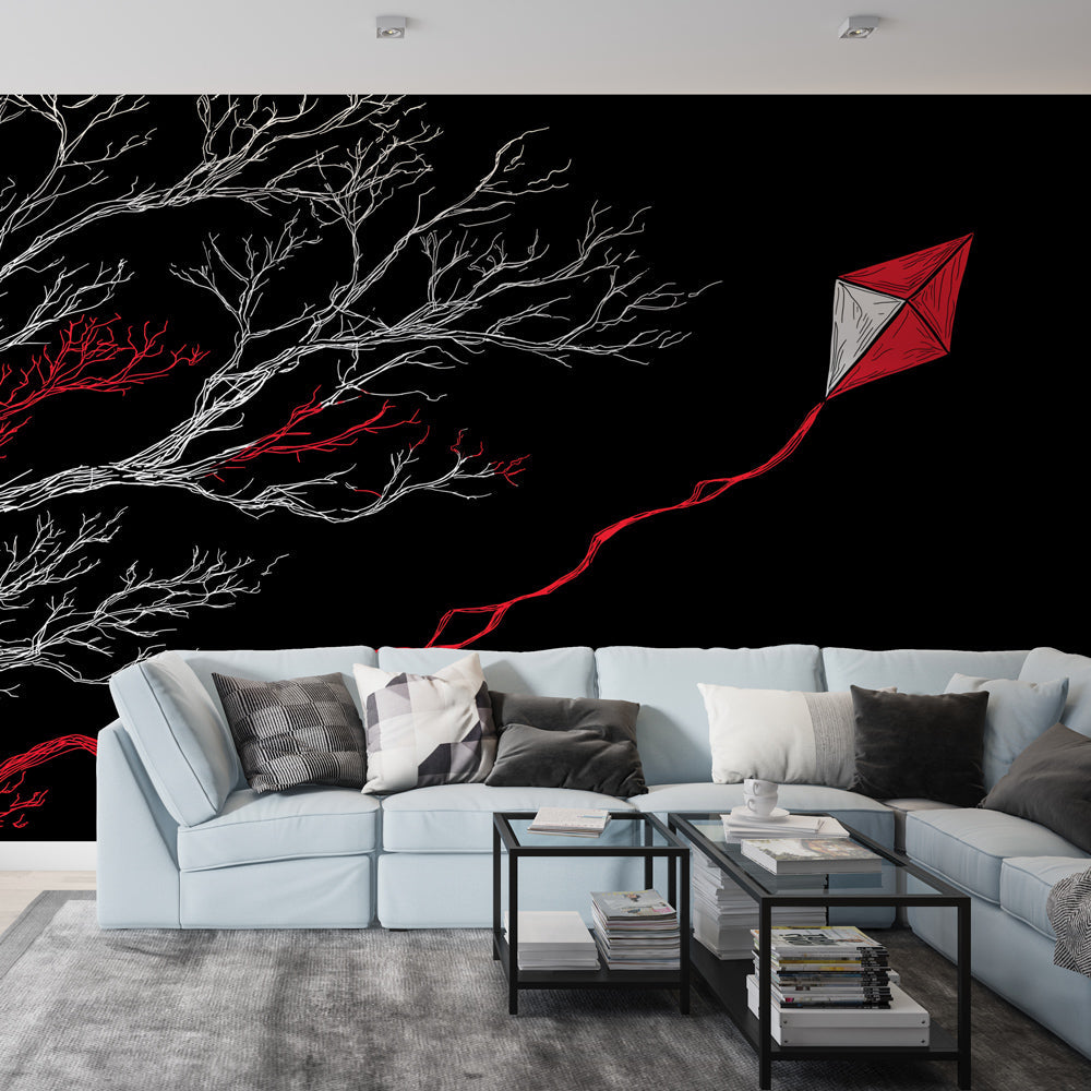 Mural Wallpaper kite | A red kite floating above a stylized tree ...