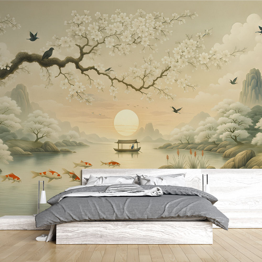 Mural Wallpaper white Japanese cherry blossom | Mountainous relief wit ...