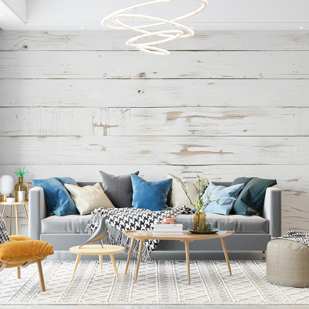 Wood-Effect Mural Wallpaper | Distressed White Paneling — WonderMural