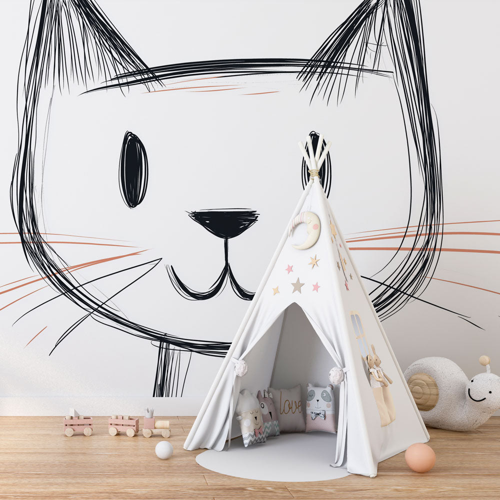 Mural Wallpaper smiling-cat-drawing | Minimalist illustration of a smi ...