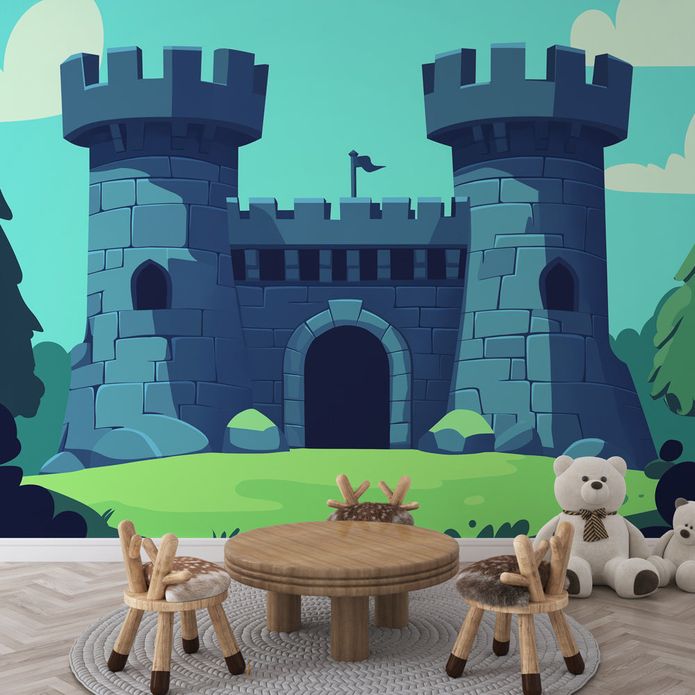 Mural Wallpaper castle | Stylized medieval castle surrounded by greene ...