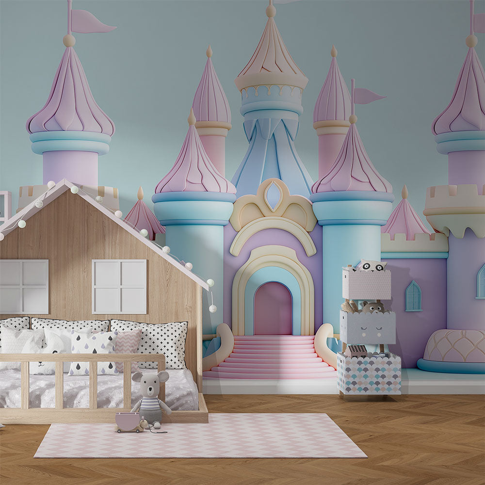 Mural Wallpaper fantastic castle | Pastel castle with winding towers a ...