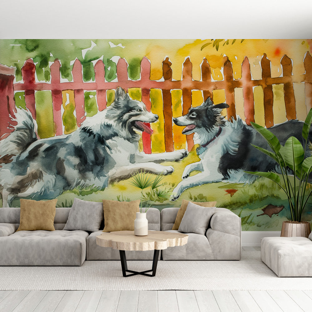Mural Wallpaper dogs | Games in the yard — WonderMural