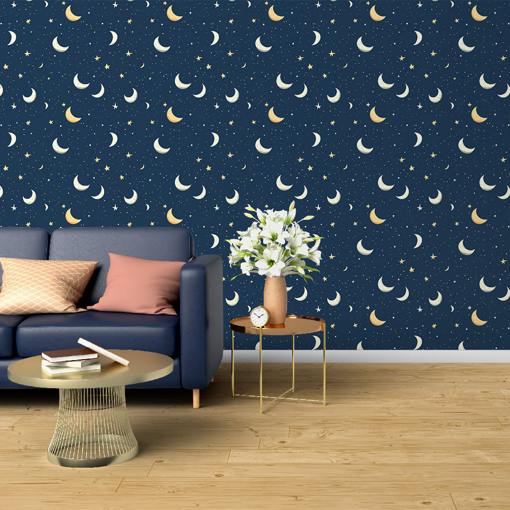 Mural Wallpaper night sky | Moon and stars pattern on a midnight blue ...