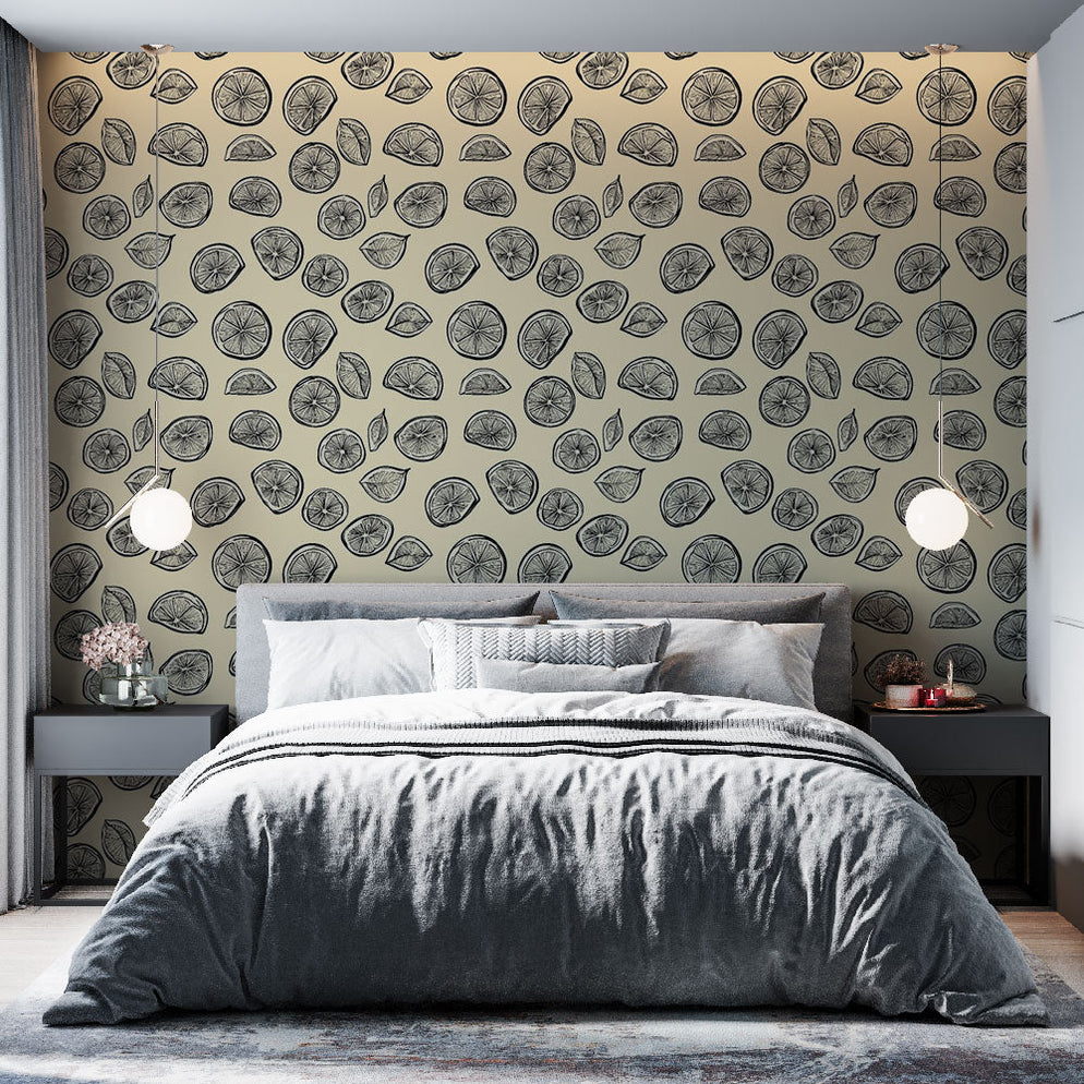 Lemon mural wallpaper | Lemon motifs and wedges on a beige background ...
