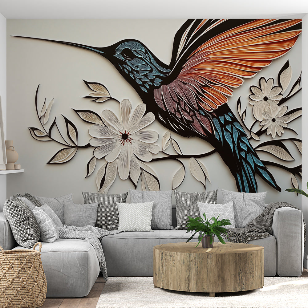 Mural Wallpaper hummingbird | Colorful hummingbird on an elegant flora ...