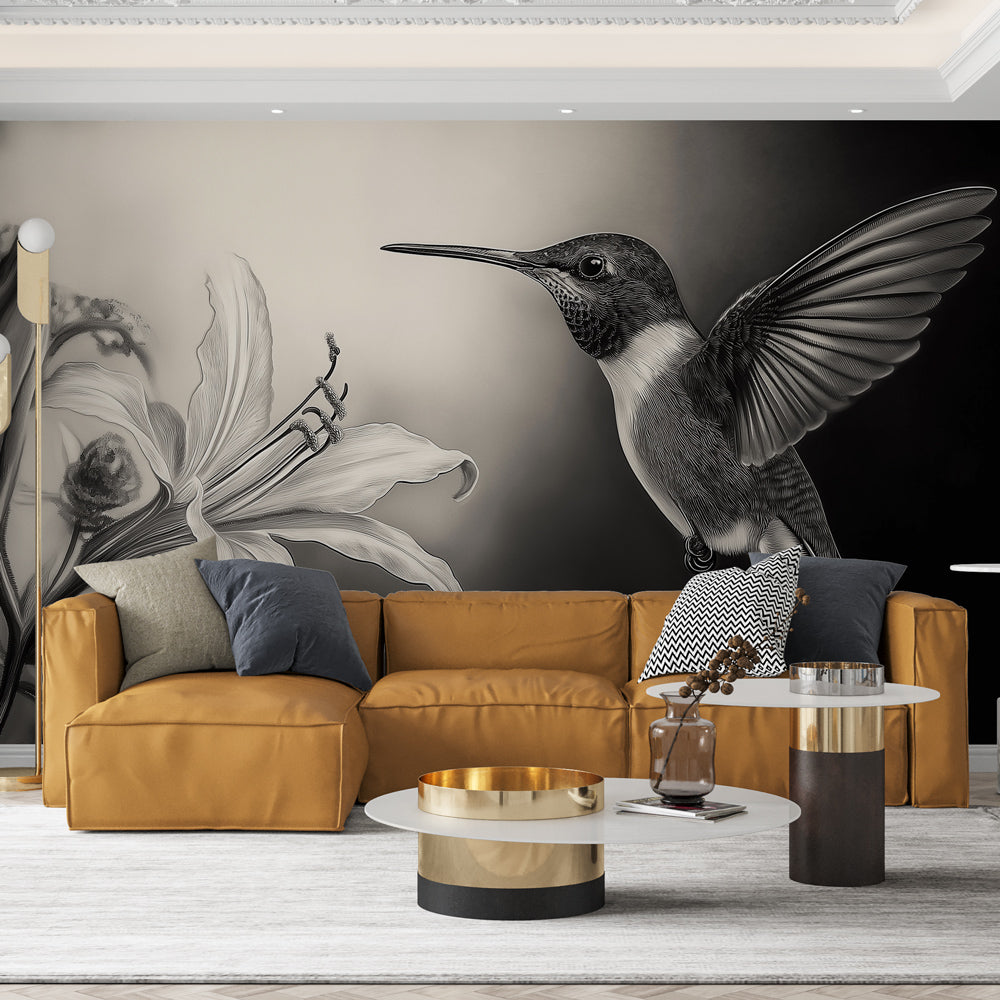 Mural Wallpaper hummingbird and flower | Monochrome illustrations of a ...