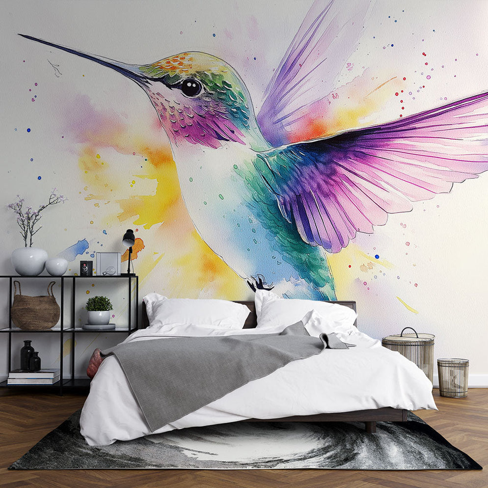 Mural Wallpaper hummingbird | Colorful watercolor illustration of a hu ...