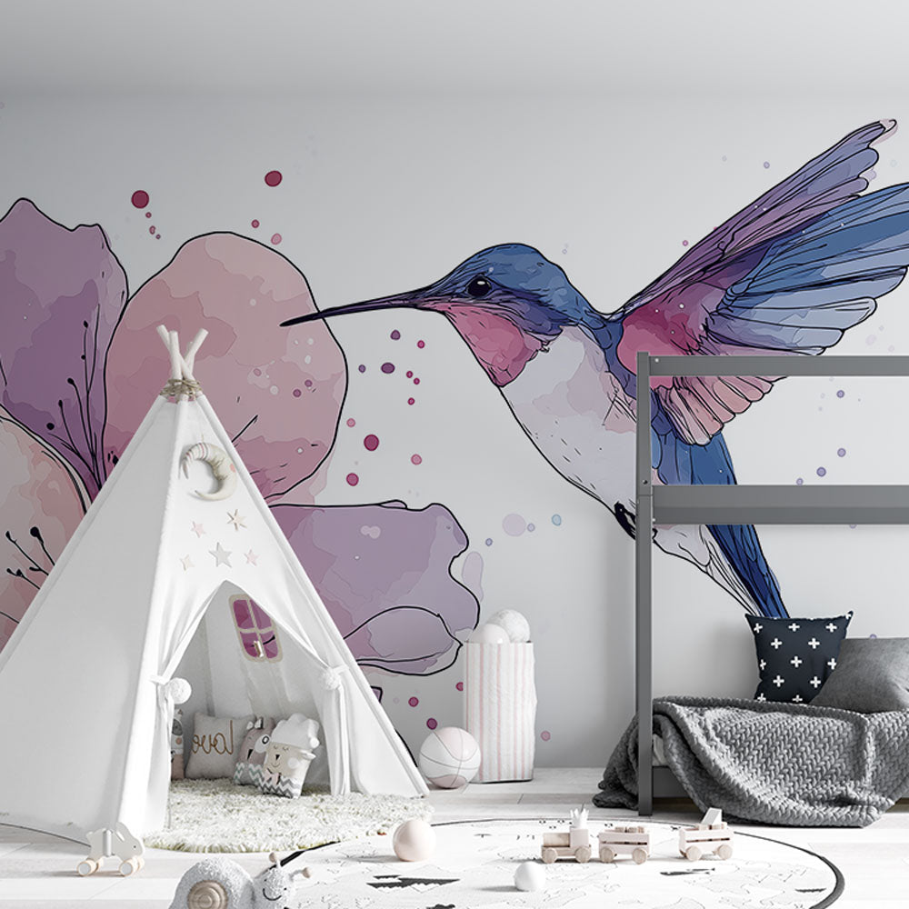 Mural Wallpaper colibri | A hummingbird flying over a large pink flowe ...