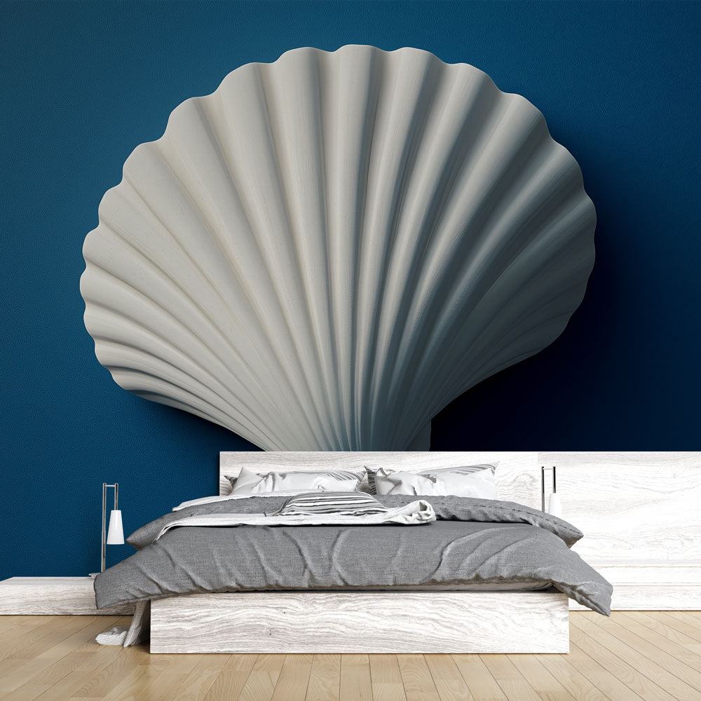 Mural Wallpaper seashell | Seashell in relief on blue background ...
