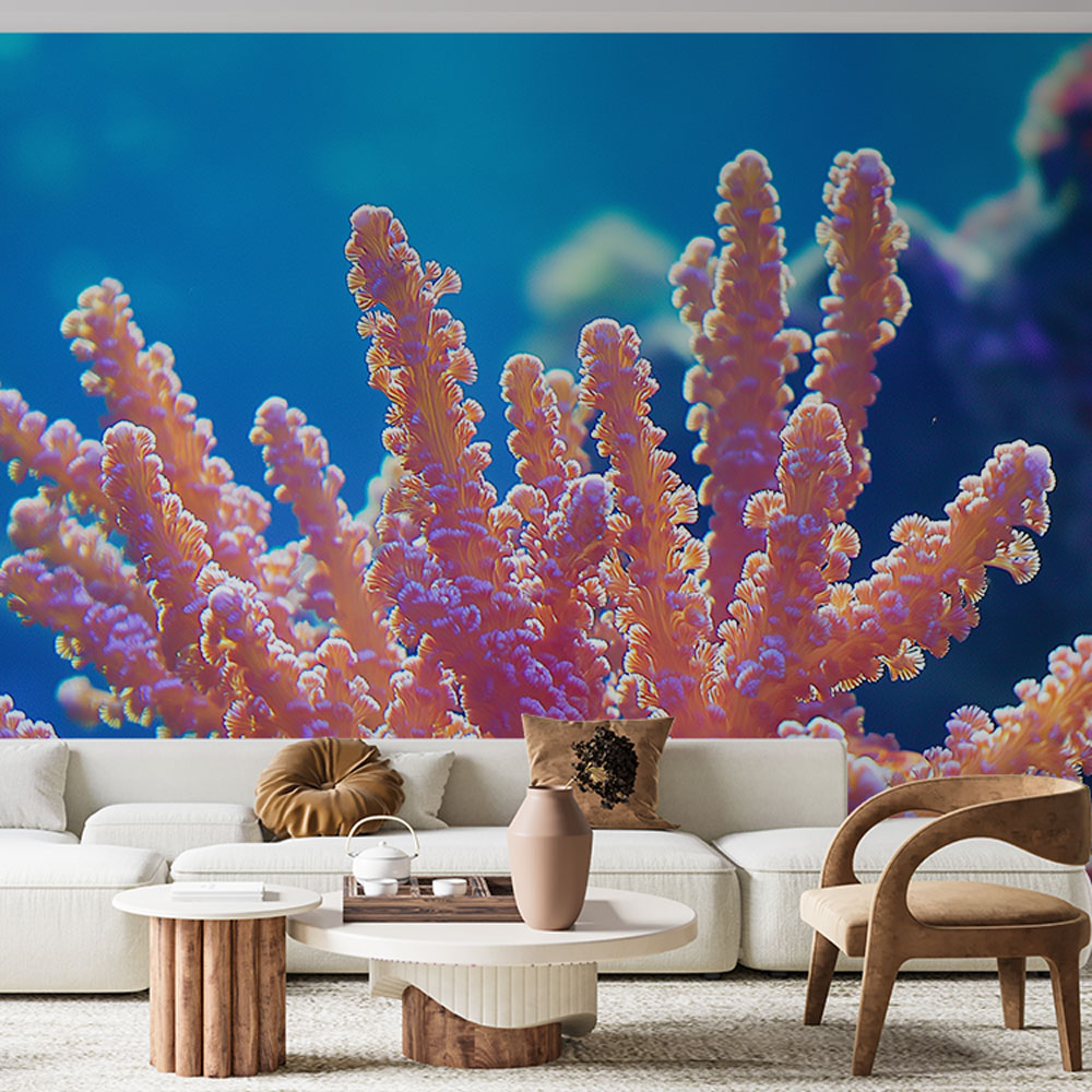 Mural Wallpaper coral | Vibrant coral pattern on aquatic background ...