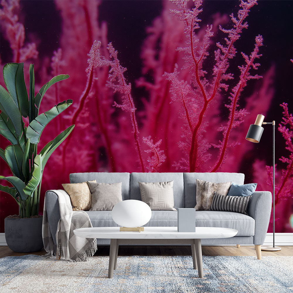 Mural Wallpaper coral | Vibrant pink coral pattern on dark background ...