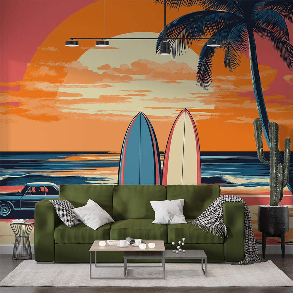 Mural Wallpaper sunset | Tropical beach with surfboards and vintage ca ...