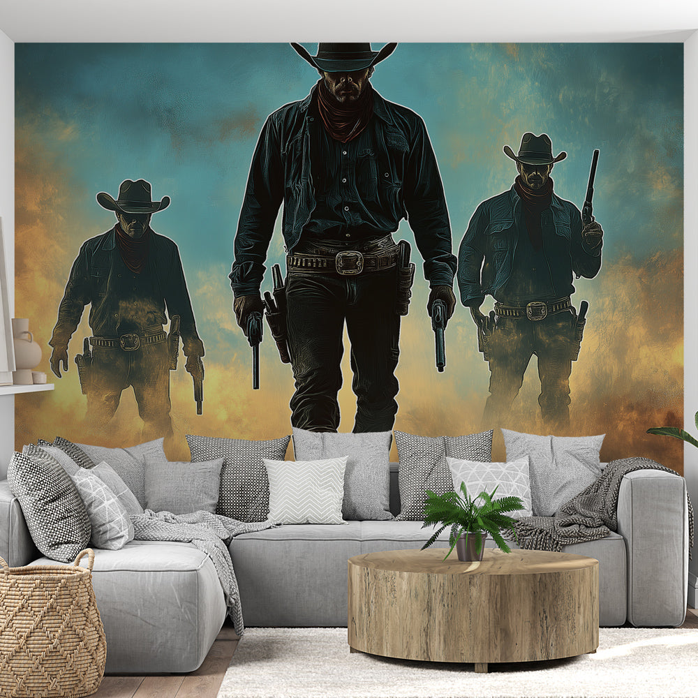 Mural Wallpaper cowboys | Silhouettes of cowboys in a fiery western am ...