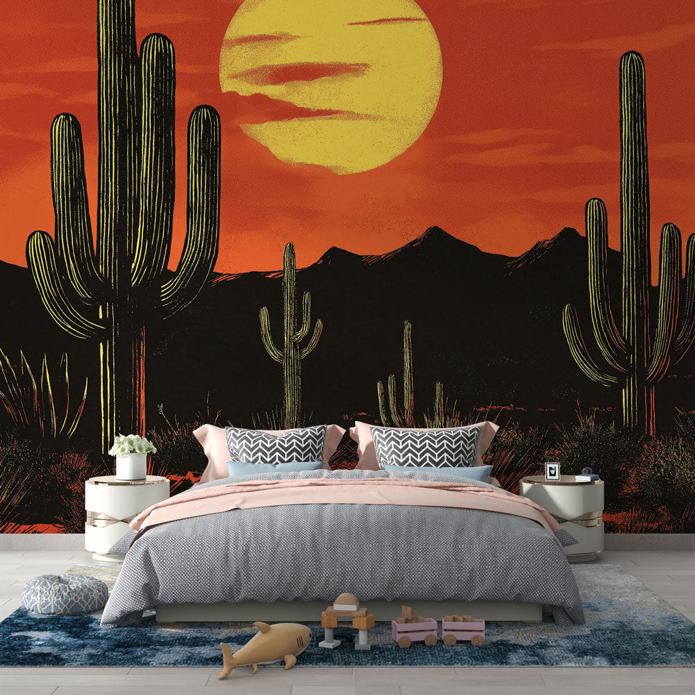 Mural Wallpaper desert | Cactus in silhouette under a vibrant setting ...