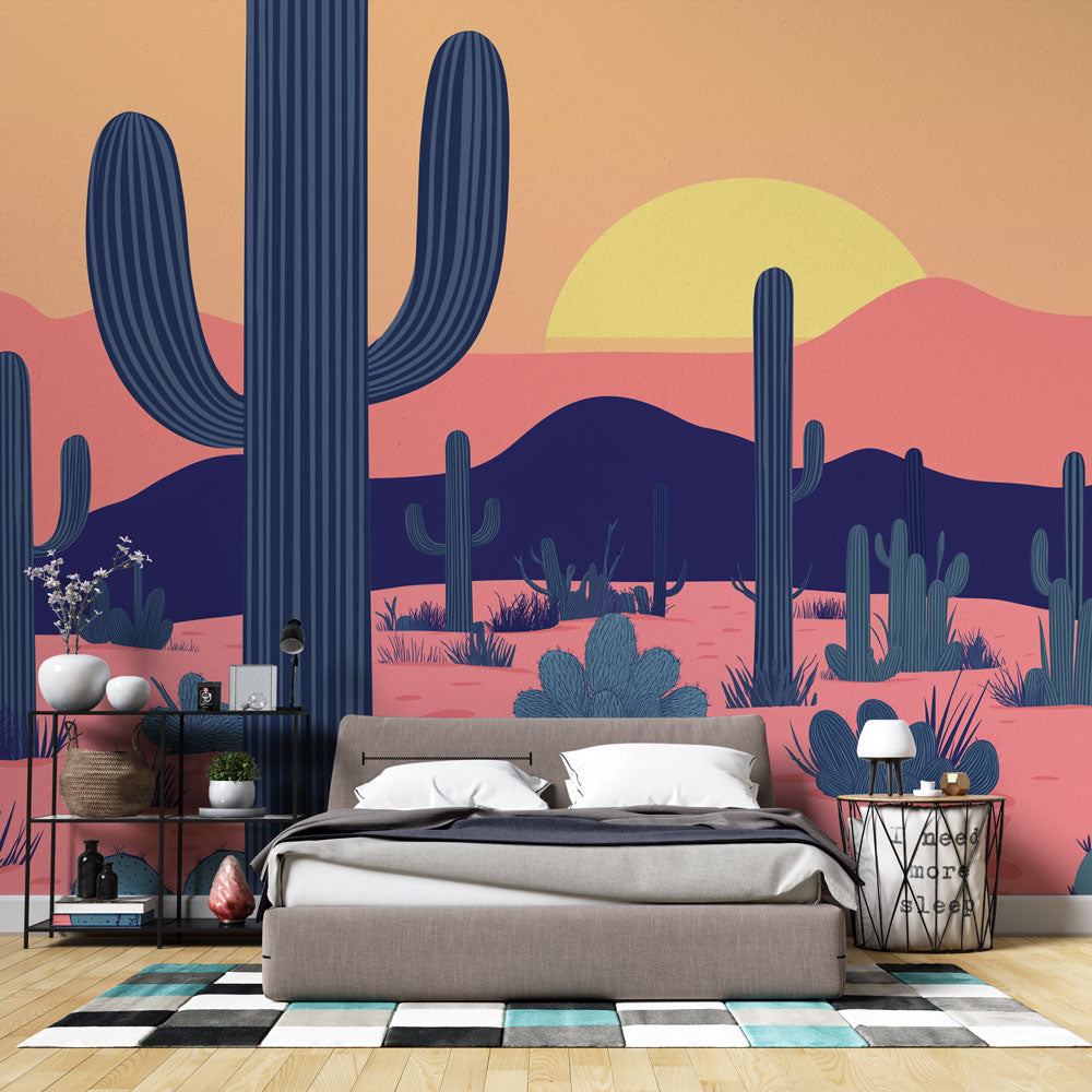 Mural Wallpaper desert | Stylized cacti at sunset — WonderMural