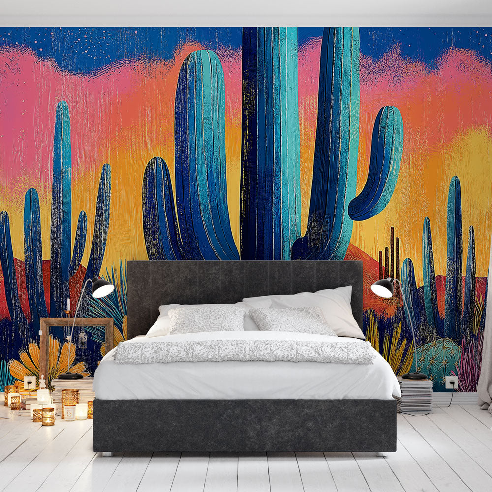 Mural Wallpaper desert | Vibrant cacti at sunset — WonderMural