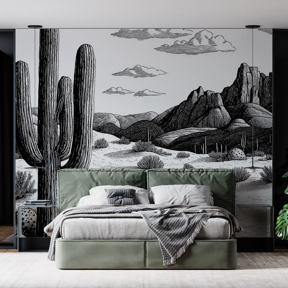 Mural Wallpaper desert | Monochrome illustration of desert landscape w ...