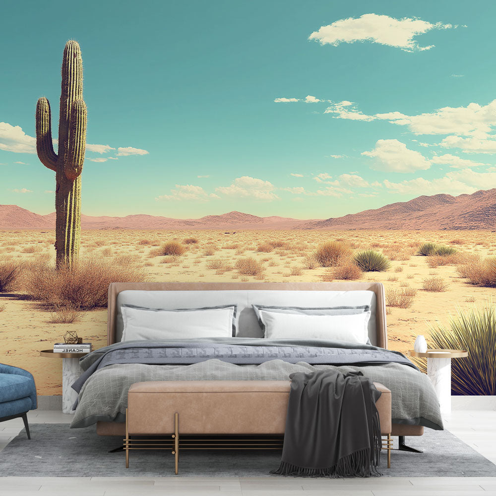 Mural Wallpaper desert | Arid landscape with cacti and distant mountai ...