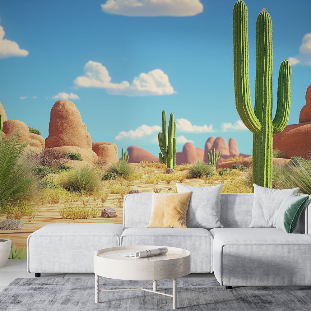 Mural Wallpaper desert | Animated desert landscape with cacti and rock ...