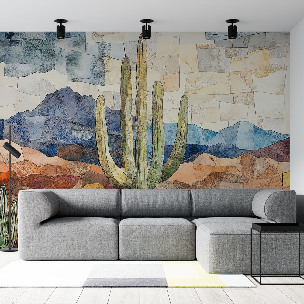 Mural Wallpaper desert | Desert landscape with cacti and colorful moun ...