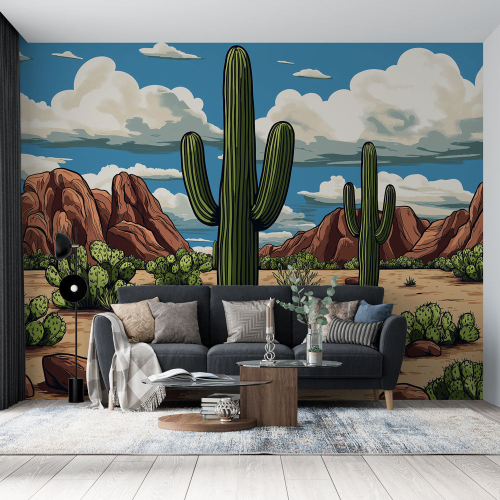 Mural Wallpaper desert | Desert landscape with cacti and rocky mountai ...