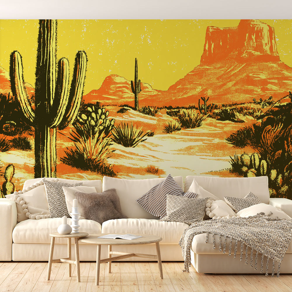Mural Wallpaper Desert | Desert Landscape with Cactus and Mountains ...